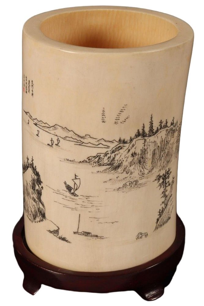 Chinese Ivory Bitong Brush Pot with Mountainous Lake Scene - Ivory ...
