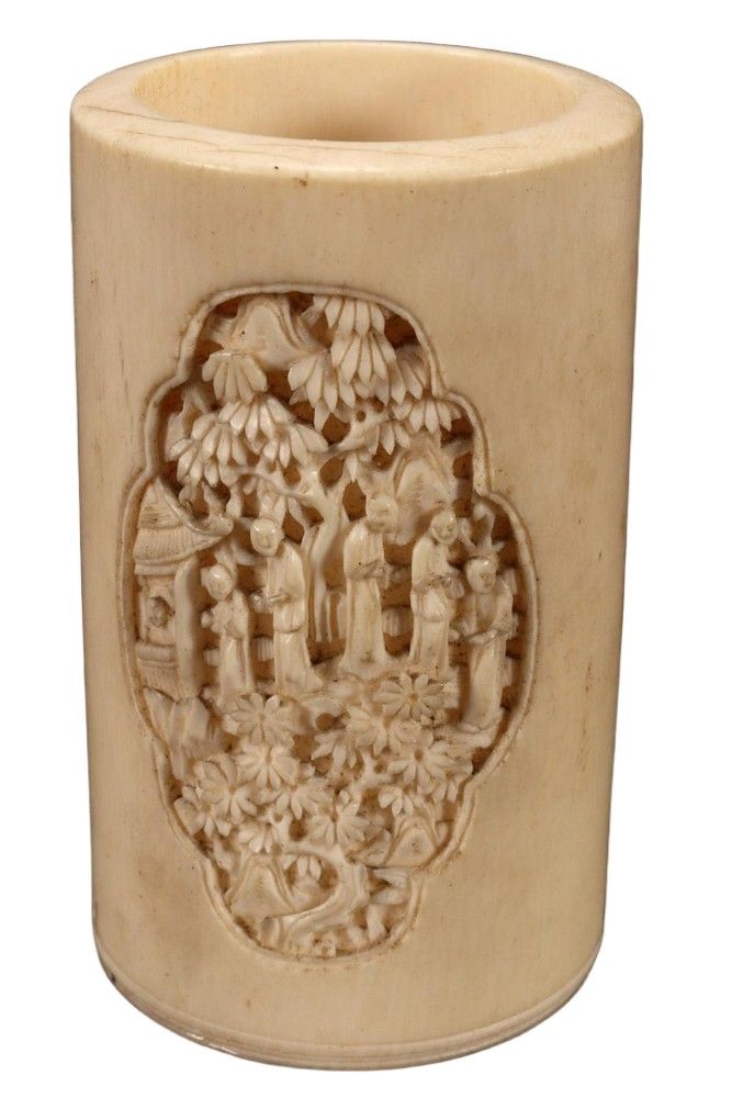 Qing Dynasty Ivory Brush Pot with Garden Scene Carvings - Ivory - Oriental