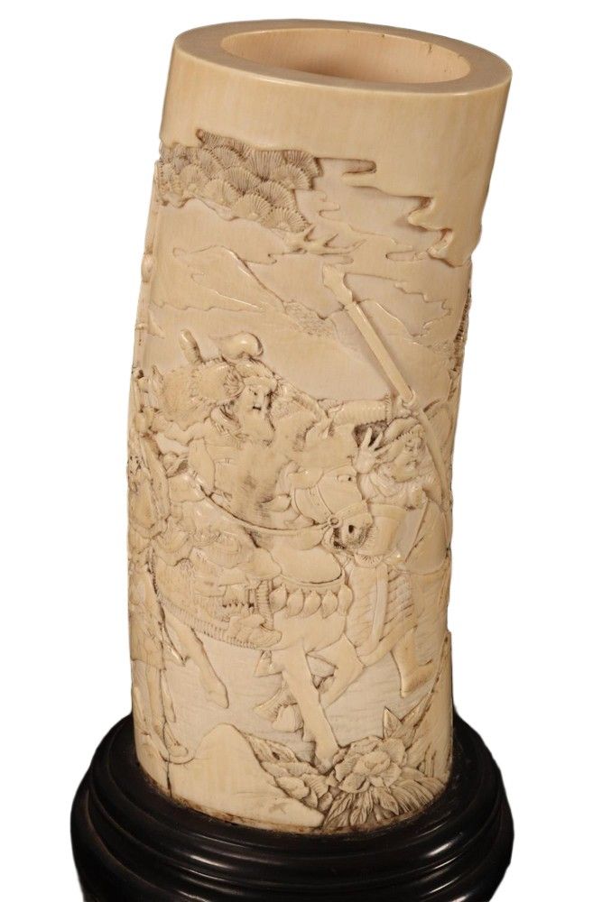 Meiji Ivory Brush Pot with Warrior Battle Scene and Stand - Ivory ...