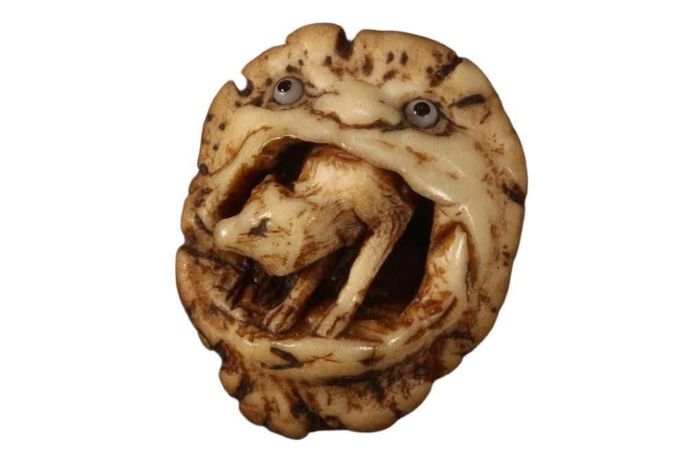 Fox emerging from demon's mouth netsuke with glass eyes - Netsuke ...