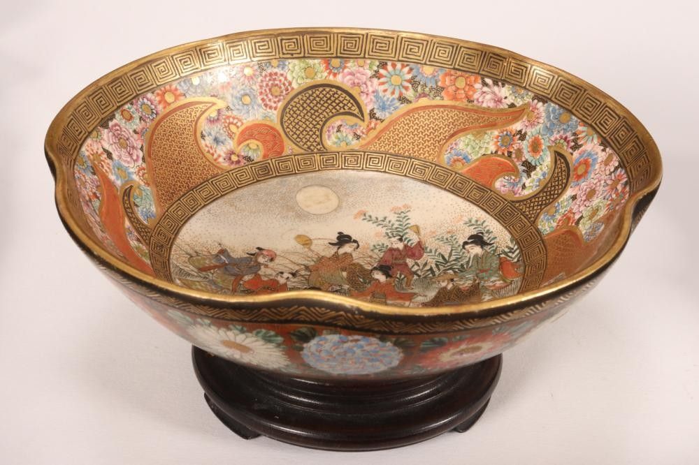 Meiji Period Satsuma Pottery Bowl with Moonlit Garden Scene - Ceramics ...
