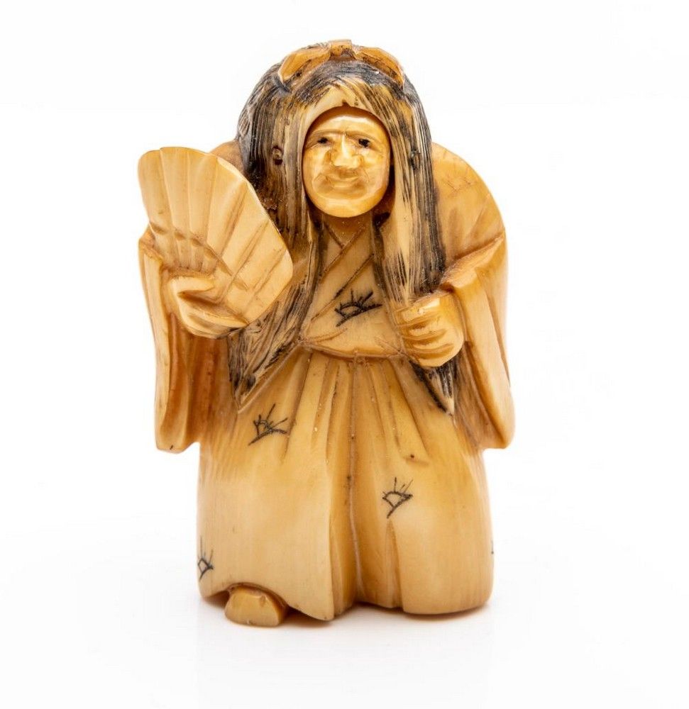 Japanese Lady Netsuke: Elegant Karakuri with Fan, Signed, 5cm - Netsuke ...