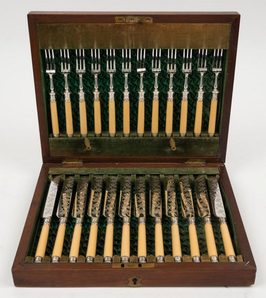 Antique Fruit Cutlery Set with Ivory Handles in Fitted Box - Flatware ...