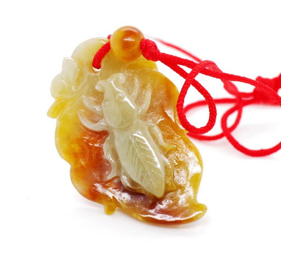 Oriental Jade Bug & Leaf Pendant (36mm) - Pendants/Lockets - Jewellery