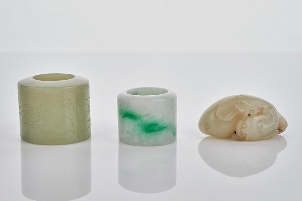 Three Jade Archer's Rings and Carving, Qing Dynasty/Republic Period ...