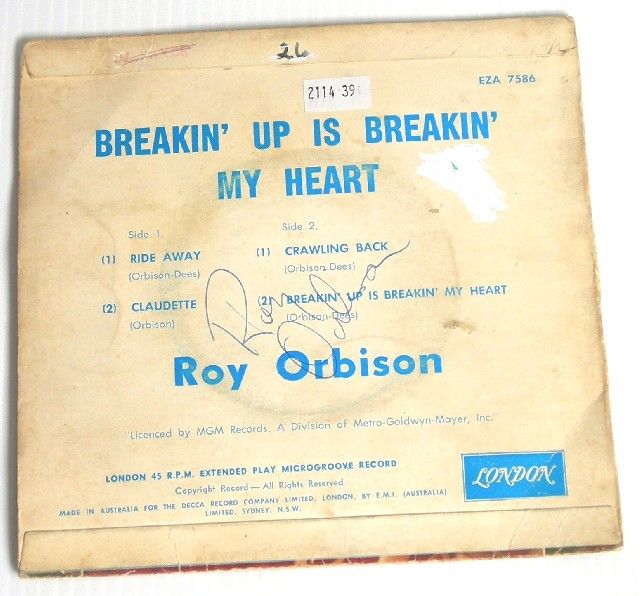 Autographed Roy Orbison single: "Breakin' up is Breaking My Heart ...
