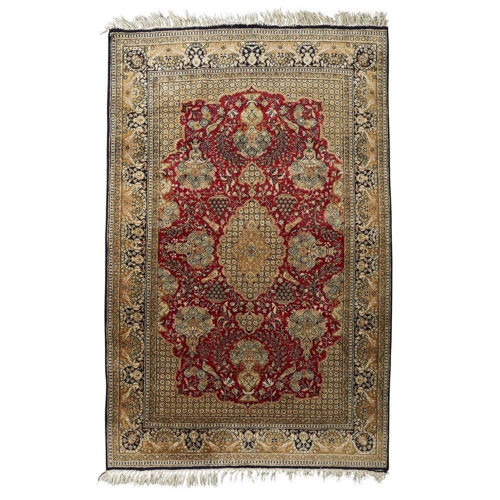Burgundy Persian Qum Silk Rug with Floral Medallion Design - Rugs ...