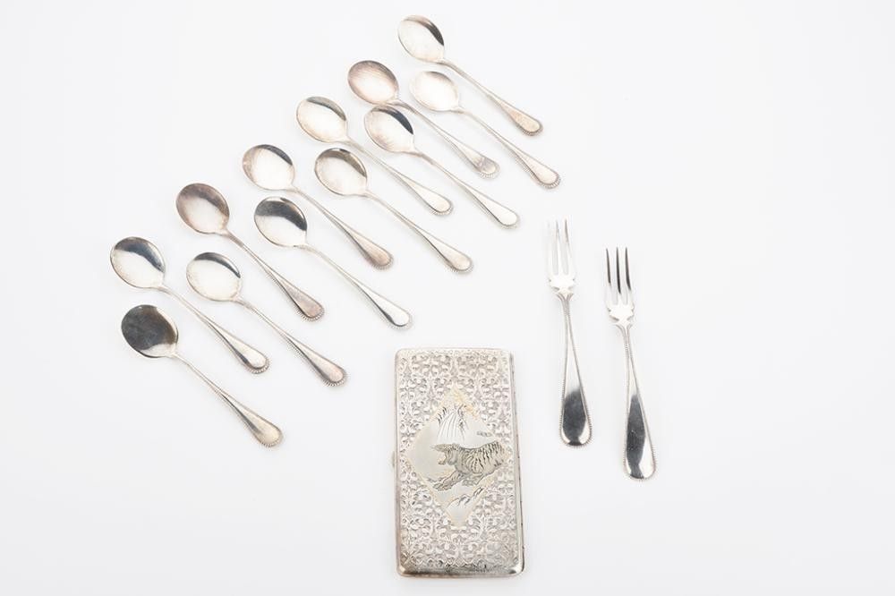 Set of Dutch Silver Spoons, Forks, and Tiger Cigarette Case - Flatware ...