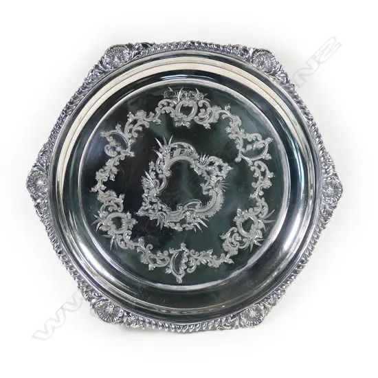 Victorian Silver Waiter with Leafy Engraving and Shell Highlights ...