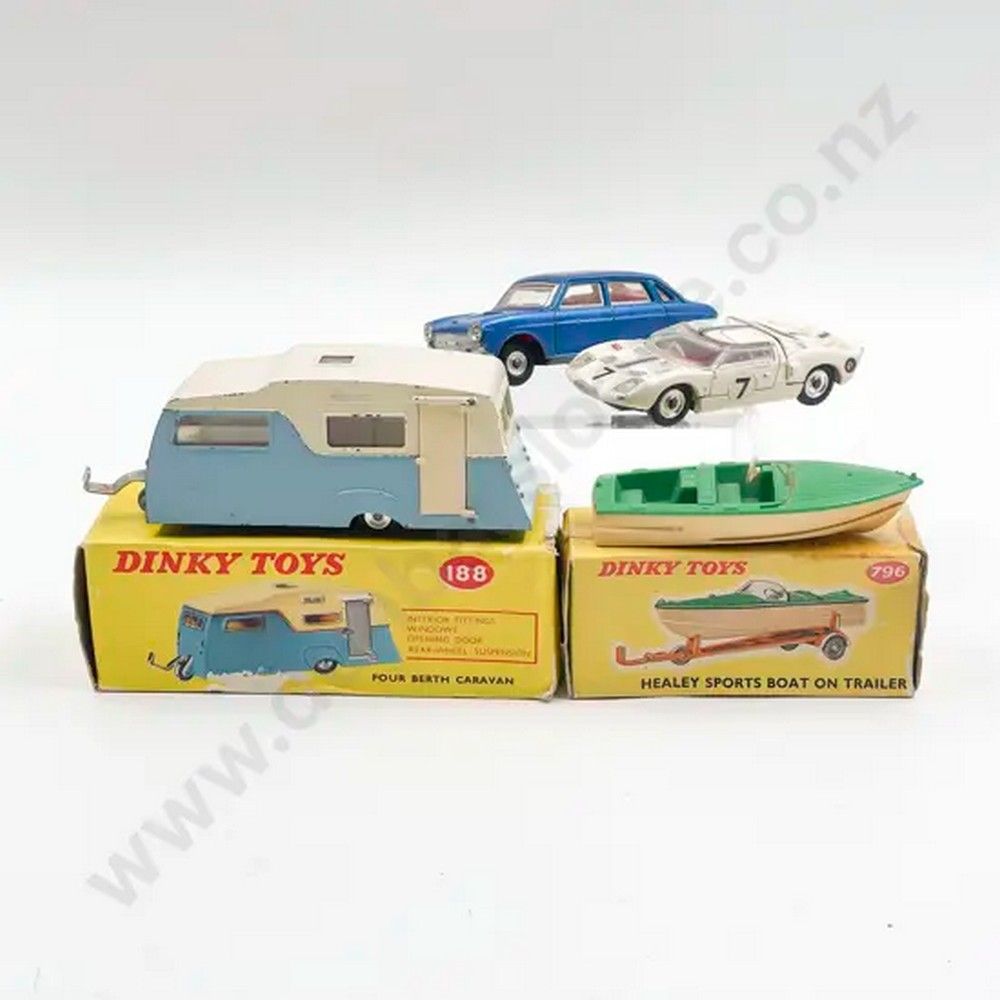 Vintage Dinky Toy Vehicles: Caravan, Boat, Healey, Austin, Ford GT ...