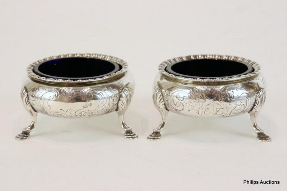 Victorian Sterling Silver Salt Cellars with Blue Glass Liners ...
