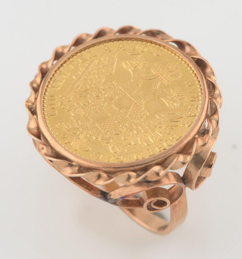 Austrian Ducat Coin Ring in 14ct Rose Gold Mount - Rings - Jewellery