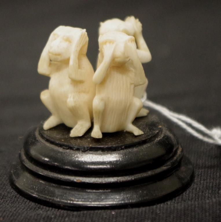 Carved Ivory Three Wise Monkeys on Stand - Ivory - Oriental