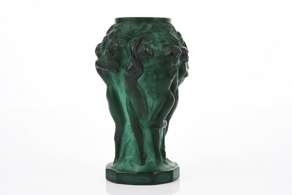 Art Deco Malachite Glass Bud Vase with Nymphs and Vines - European - Glass