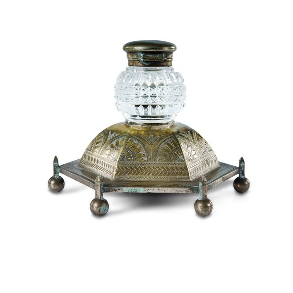 Silver Plate and Glass Inkwell on Hexagonal Stand, Late 19th Century ...