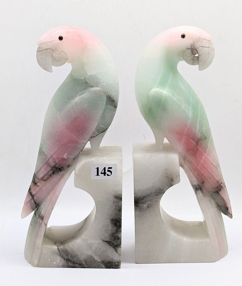 Italian Marble Parrot Bookends: Pink and Green Stained Carvings ...