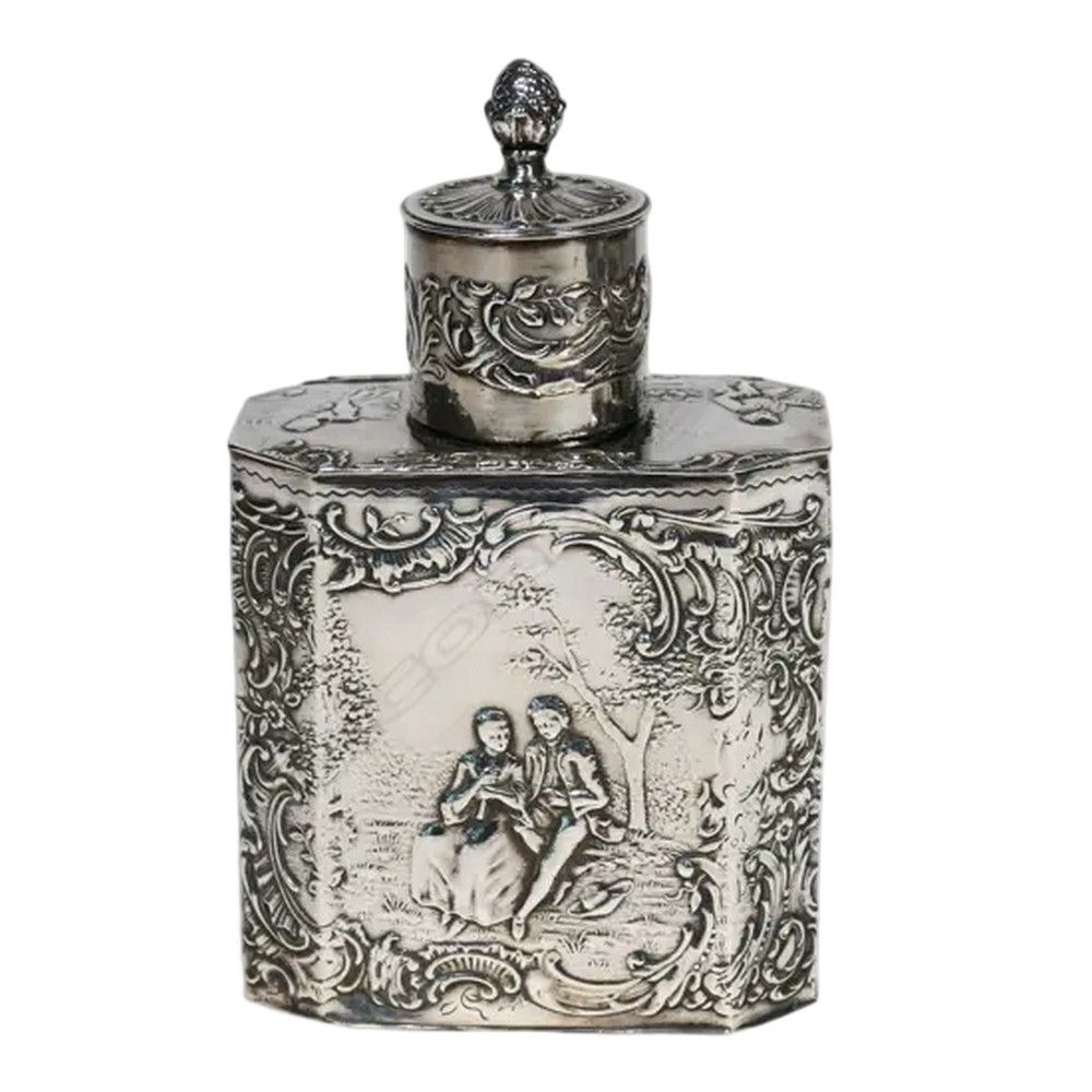 Hanau Silver Fancy Tea Caddy with Romantic Couple Scenes - Tea Caddies ...