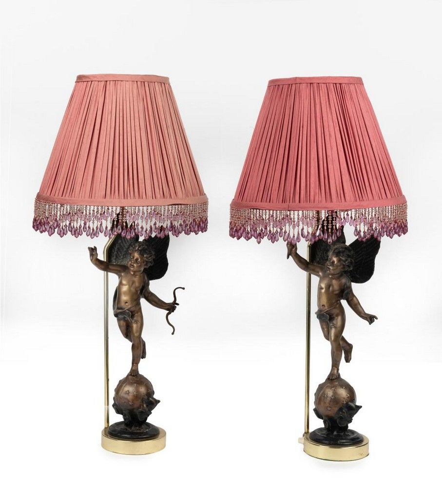 Pair of Aug. Moreau Cupid Table Lamps with Pink Shades - Lamps - Table ...