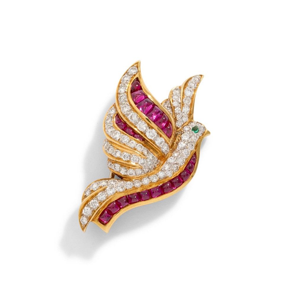 Dove in Flight Ruby and Diamond Brooch - Brooches - Jewellery