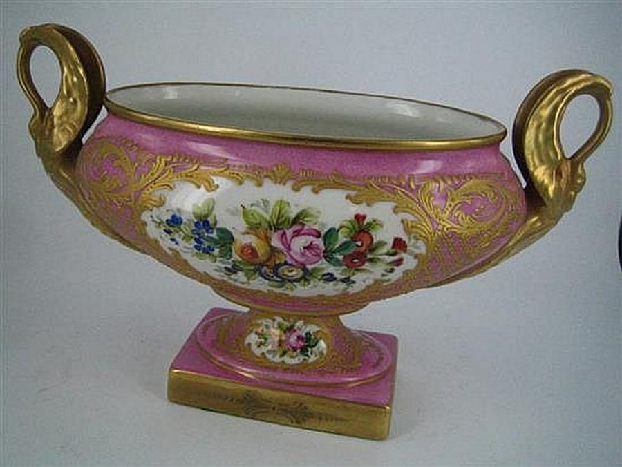 Sevres Pink Floral Bowl on Rectangular Foot - Sevres/Style - Ceramics