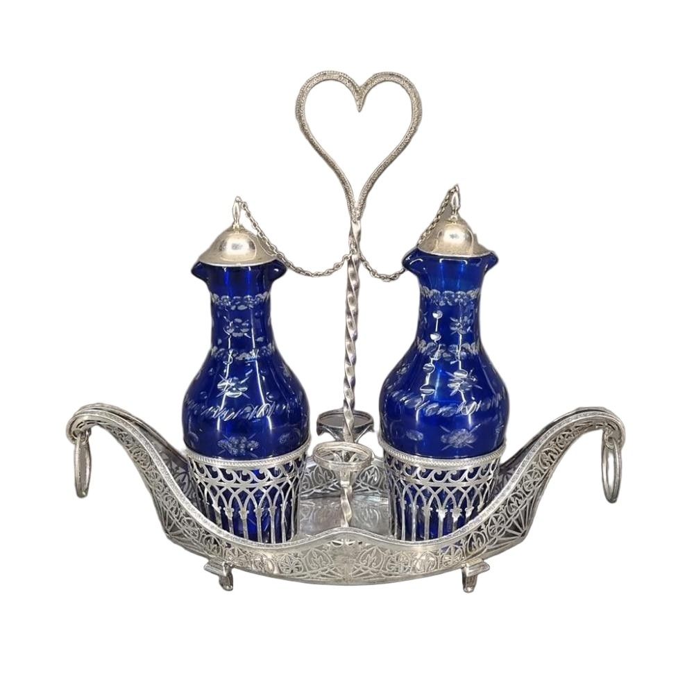 18th Century French Silver Cruet with Blue Cut Bottles - Condiment ...