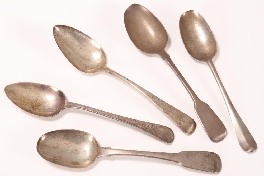 Set of Five English Sterling Silver Spoons, Various Patterns, Wear ...