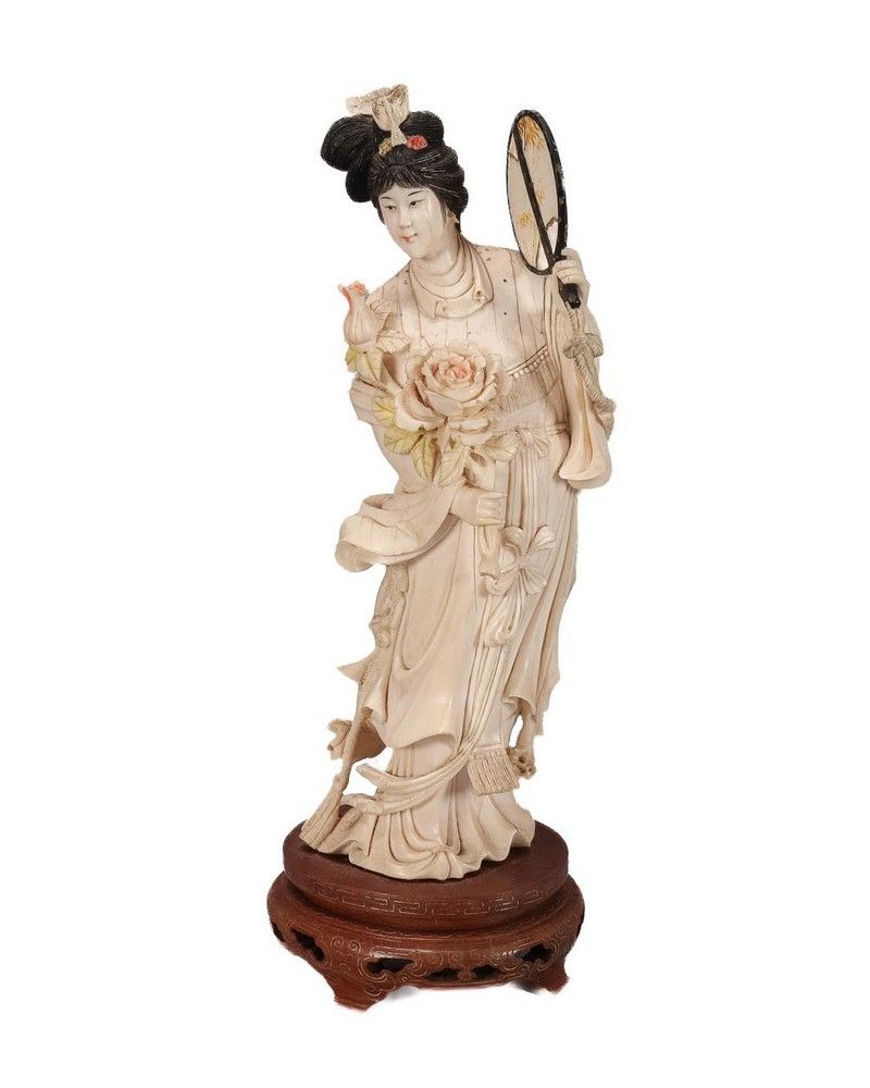 Carved Ivory Figure in Traditional Dress with Fan and Rose - Ivory ...