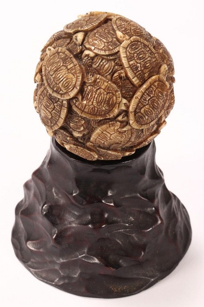 Meiji Period Stained Ivory Okimono with Minogame on Stand - Ivory ...
