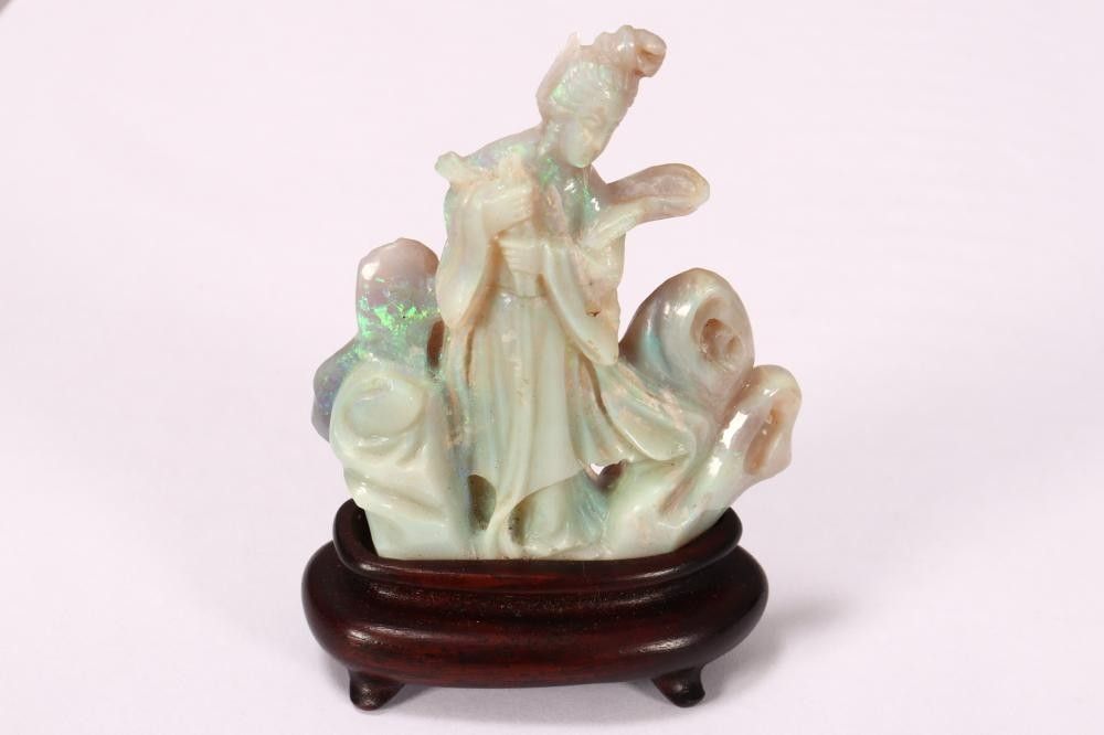 Chinese Carved Opal Figure of Guan Yin on Wooden Stand - Zother - Oriental