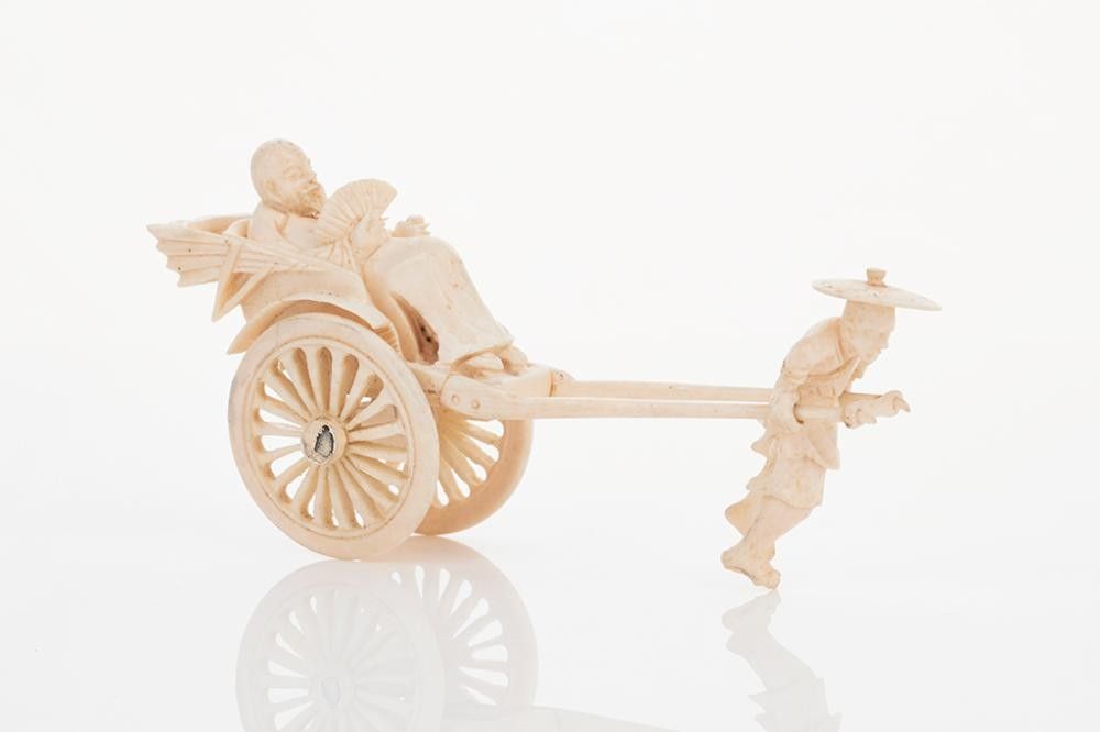 Chinese Ivory Carving: 19th Century Rickshaw Miniature - Ivory - Oriental