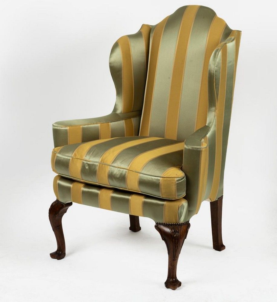 Damask Wingback Chair in Olive and Gold with Carved Legs - Seating ...