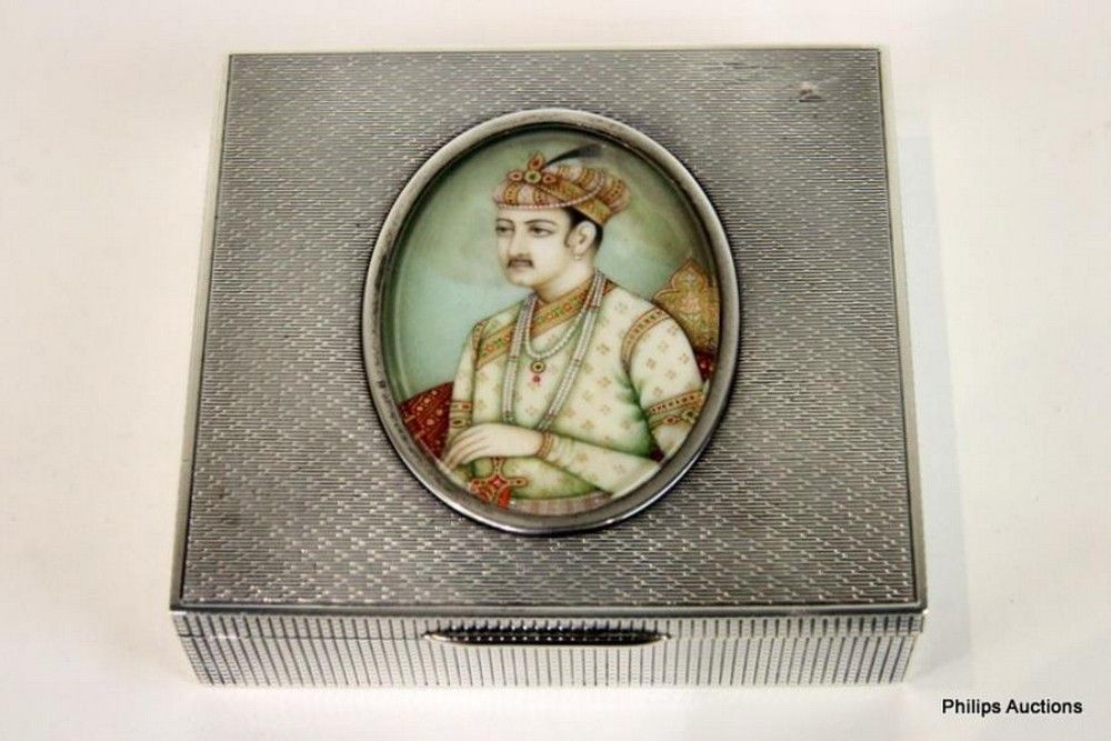 Indian Silver Cigarette Box with Akbar Portrait Miniature, 20th Century ...