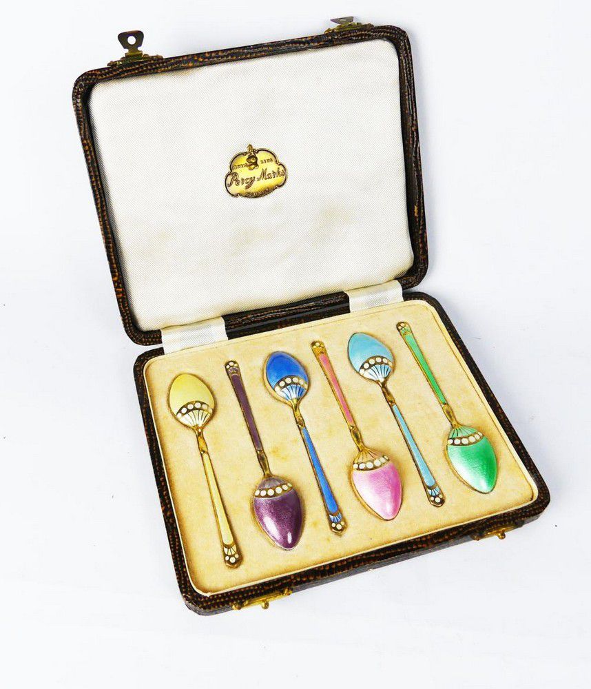 Art Deco Enamelled Coffee Spoons Set in Sterling Silver - Flatware ...