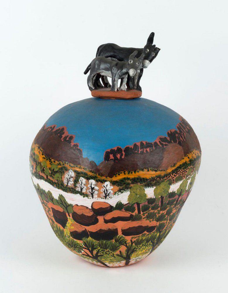 Hand-painted Hermannsburg pottery vase with donkey lid - Australian ...