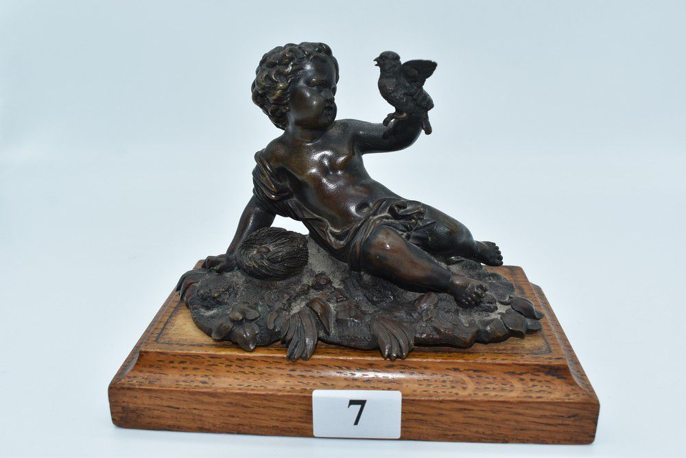 Bronze Cherub with Bird on Wooden Base - Animals & Birds - Sculpture ...