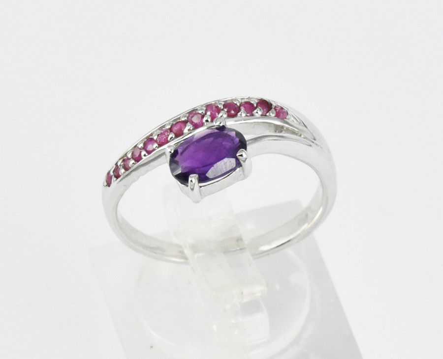 Amethyst and Ruby Sterling Silver Ring - Size P
