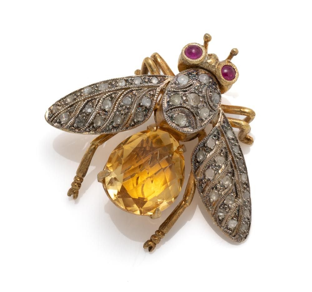 Silver Gilt Diamond Bee Brooch with Citrine and Rubies - Brooches ...
