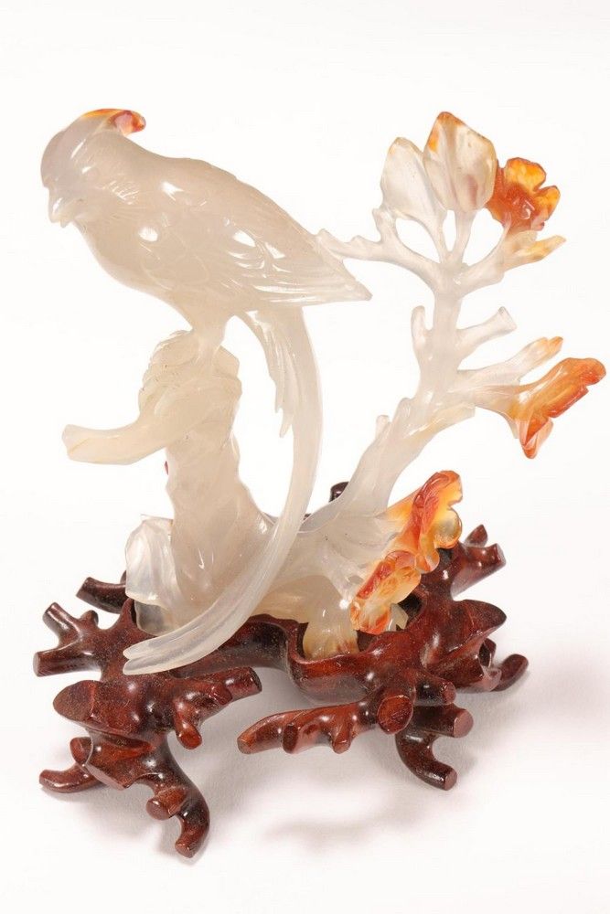 Chinese Agate Bird Figure Group in Flowering Tree on Stand - Zother ...