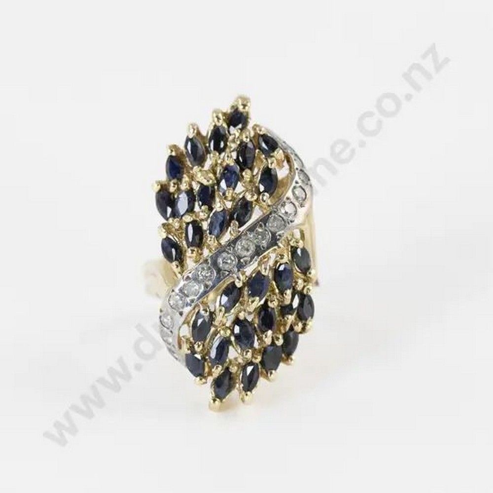 14ct Sapphire & Diamond Dress Ring with Pave Ribbon Design - Rings ...