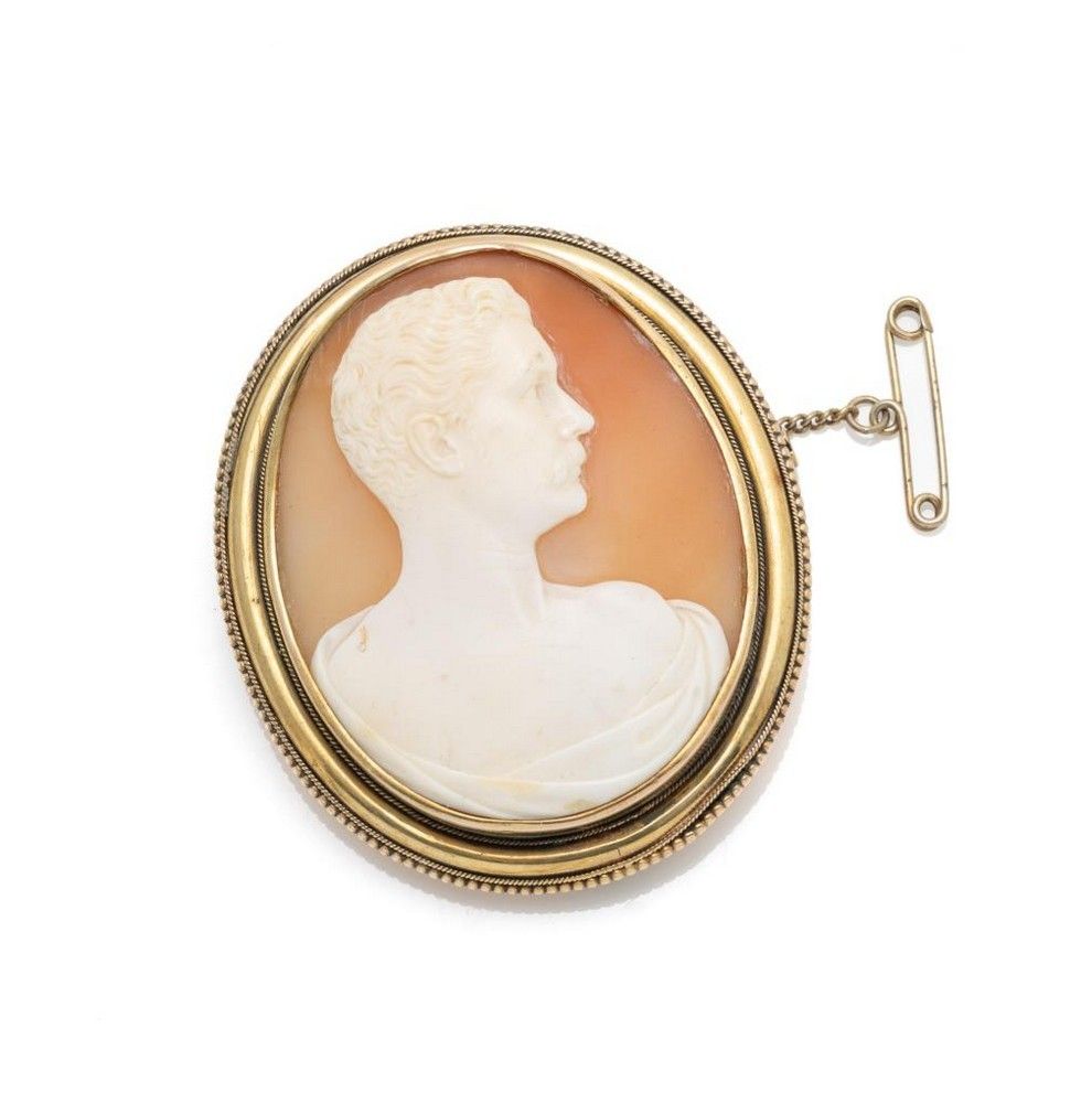Antique Gold Cameo Brooch with Male Torso Carving, Safety Chain ...