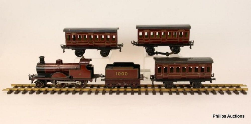 Bing gauge 1 clockwork locomotive, tender, coaches in maroon - Railway ...