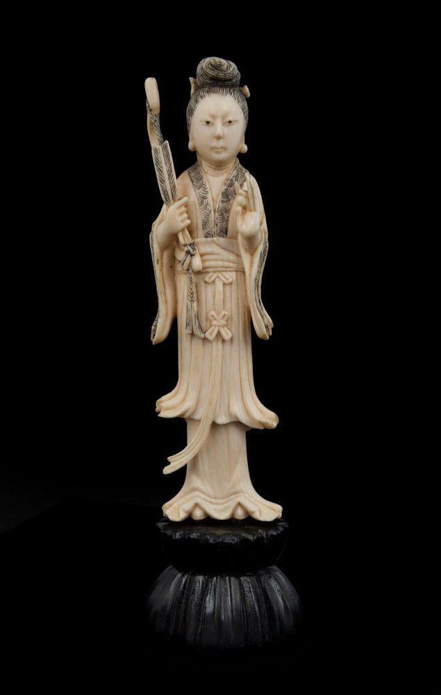 Chinese Ivory Woman Statue on Wooden Base - Ivory - Oriental