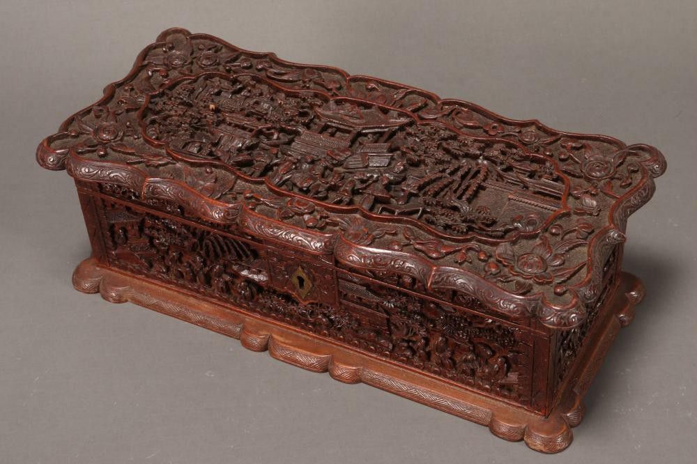Carved Chinese Wooden Box with Pagodas and Figures - Zother - Oriental
