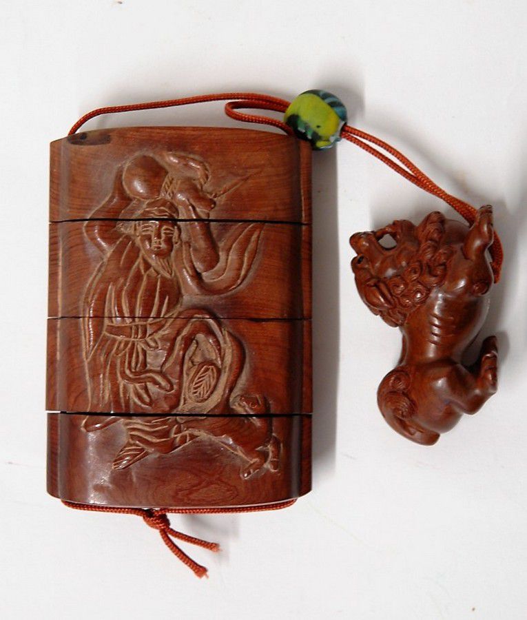 Chinese Carved Wood Inro with Shi Shi - Inro - Oriental