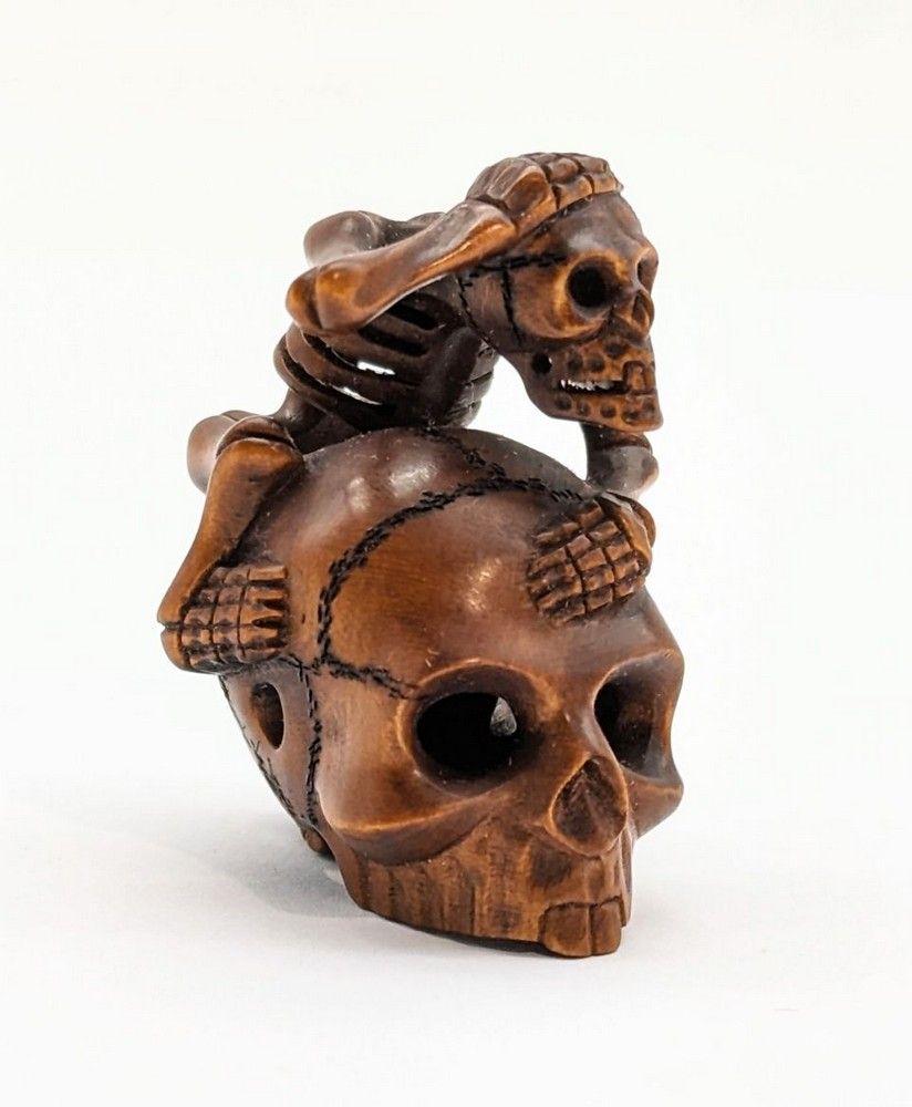 Japanese Boxwood Carved Skeleton and Skull Netsuke, Signed - Zother ...