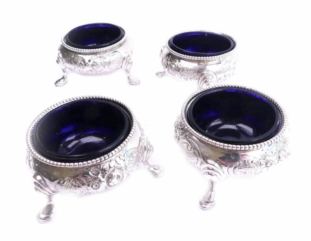 Victorian Sterling Silver Salt Dishes with Blue Glass Inserts ...