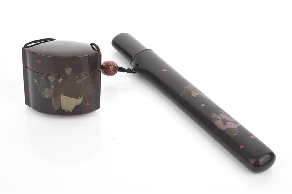 Japanese Meiji Period Lacquer Inro and Pipe-Case with Silver Decoration ...