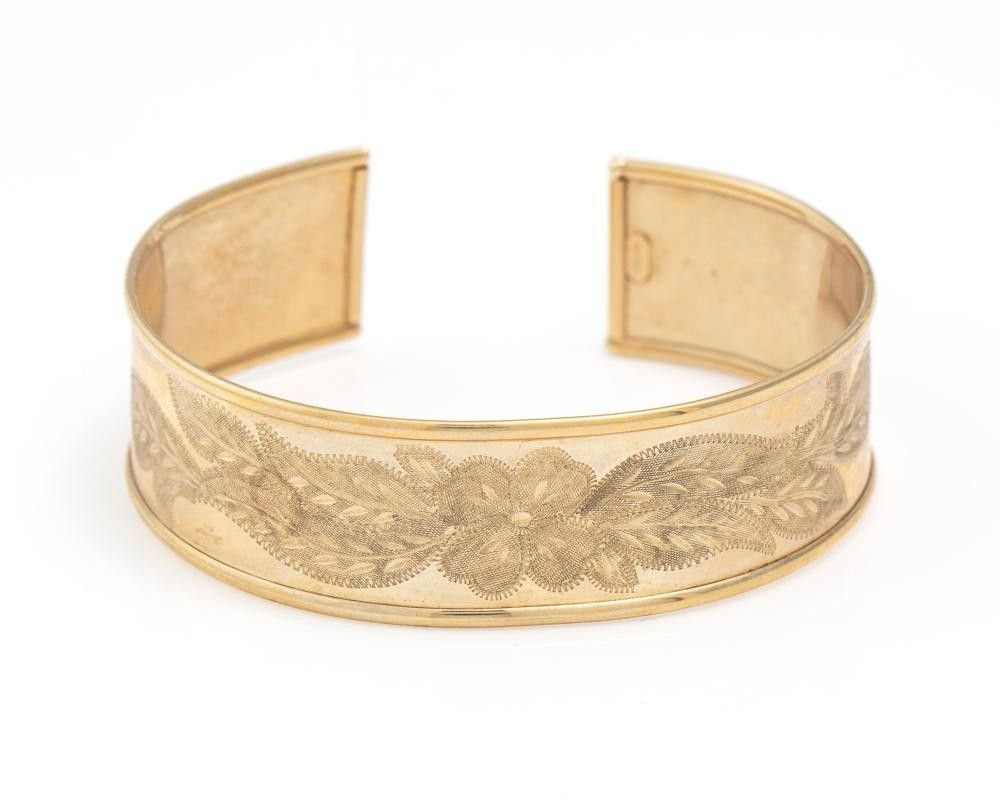 9ct Gold Floral Cuff Bangle with Engraved Design, Adjustable Size ...