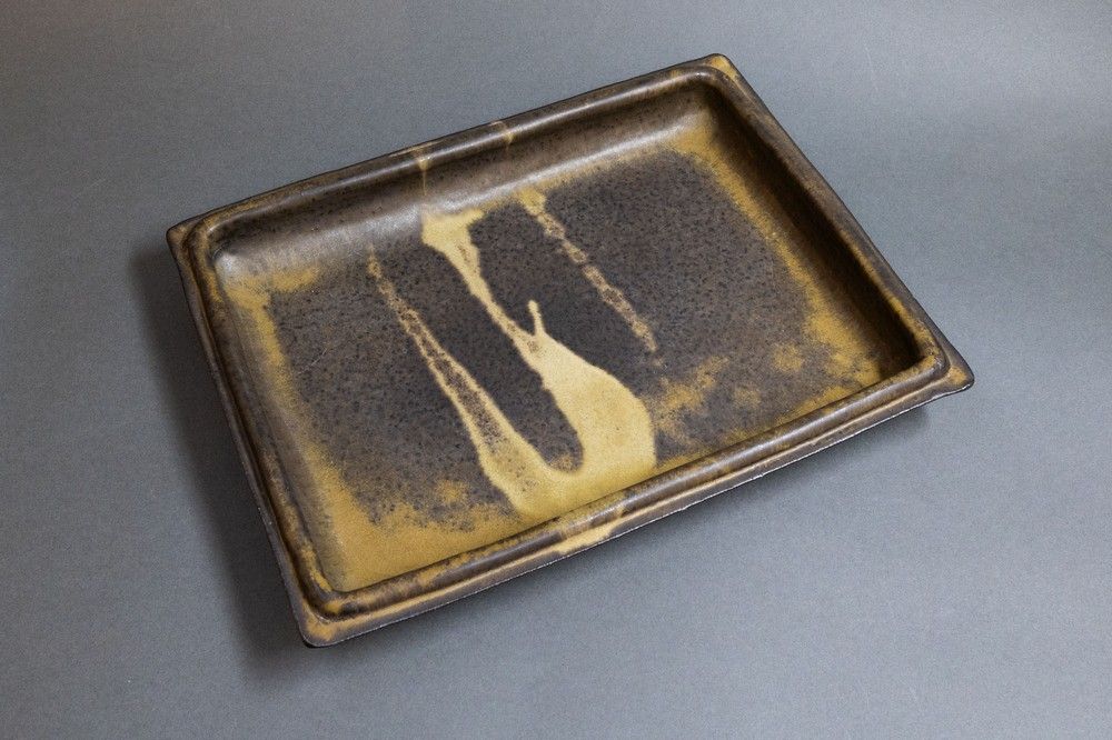 Rectangular Stoneware Platter with Matte Black and Gold Glaze - New Zealand Potters & Themes ...