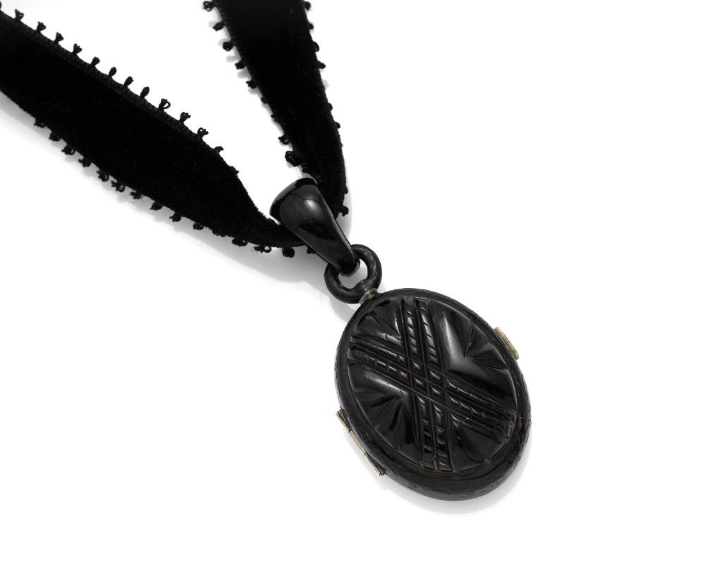 Whitby Jet Carved Locket Pendant on Silk and Velvet - Pendants/Lockets ...